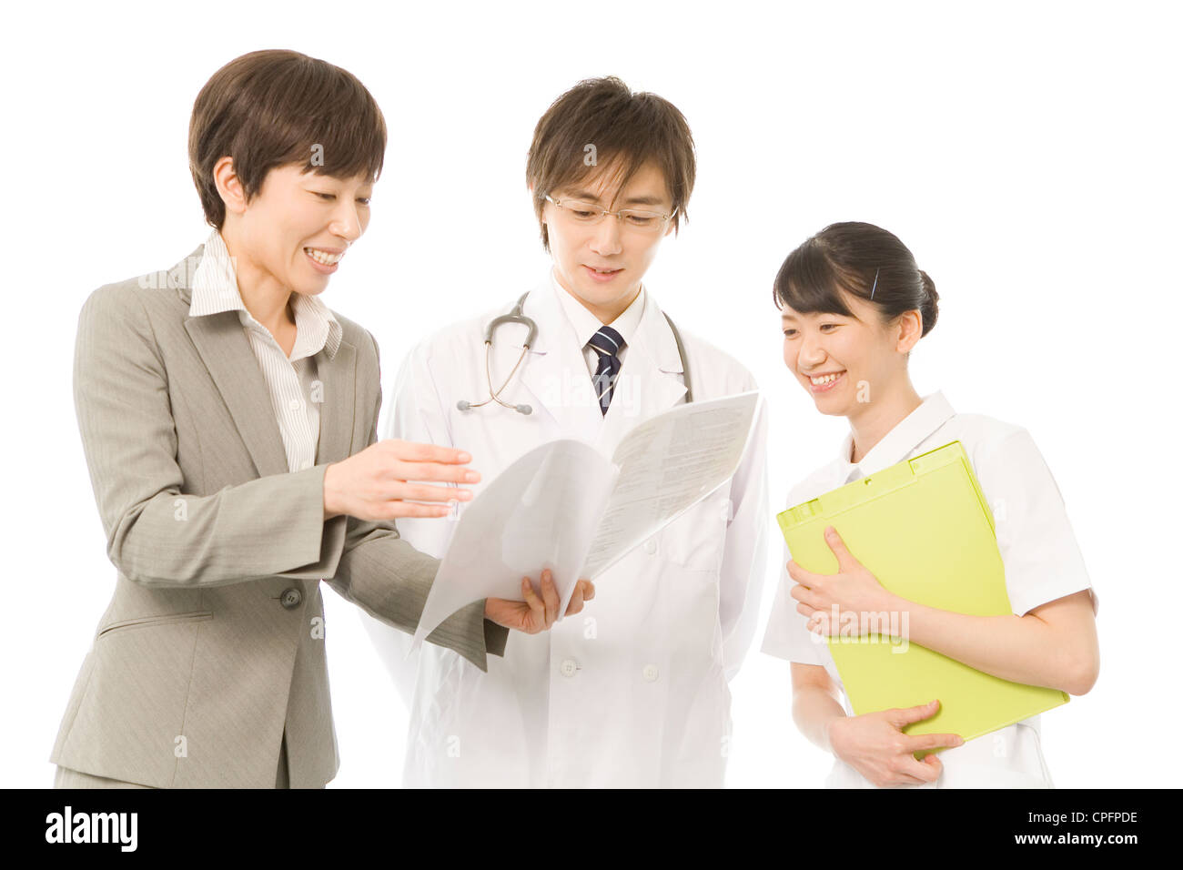 Pharmaceutical sales representative showing file to doctor Stock Photo ...
