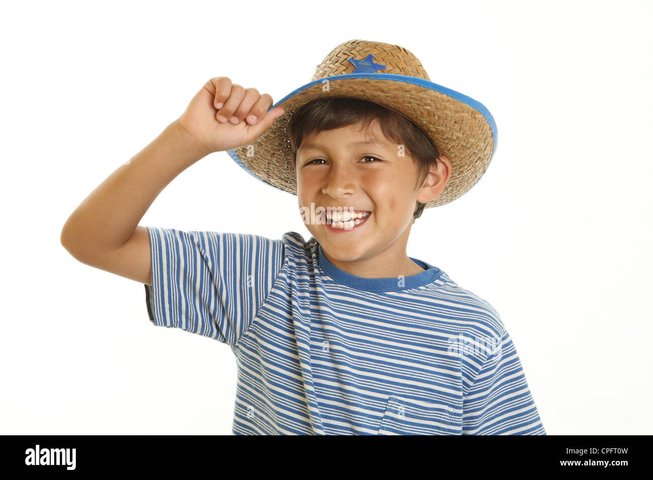 Happy cheerful smiling young boy in toy cowboy hat - on white ...