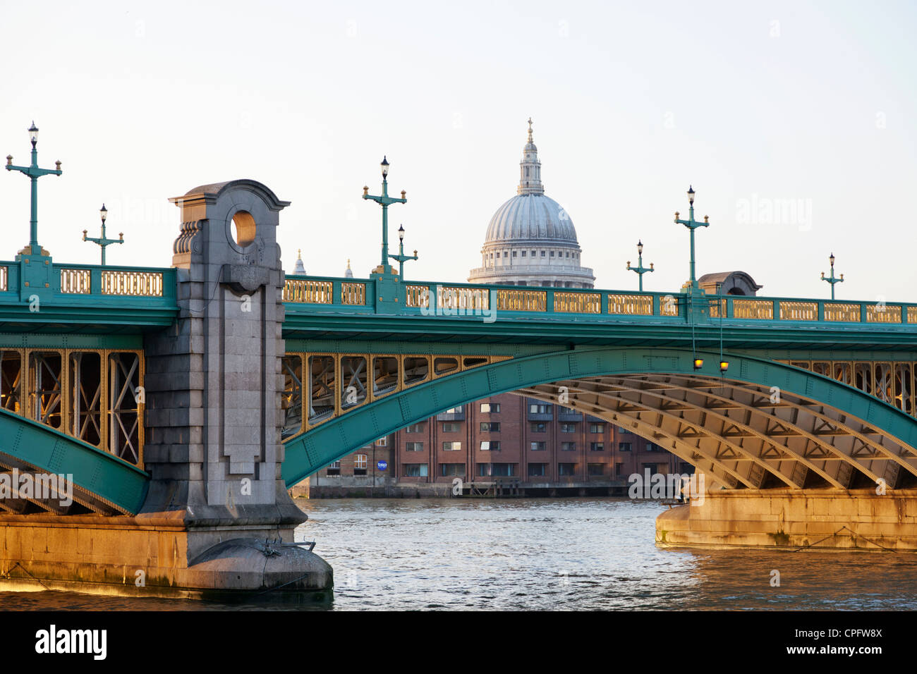 England, London, Southwark, Southwark Bridge and St Paul's Cathedral ...