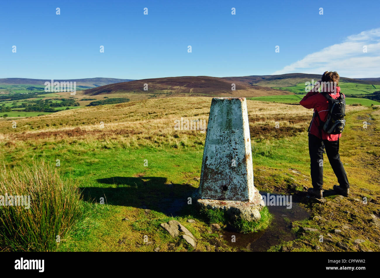 Woman with binoculars Nicky Nook near Scorton Lancashire England on the ...