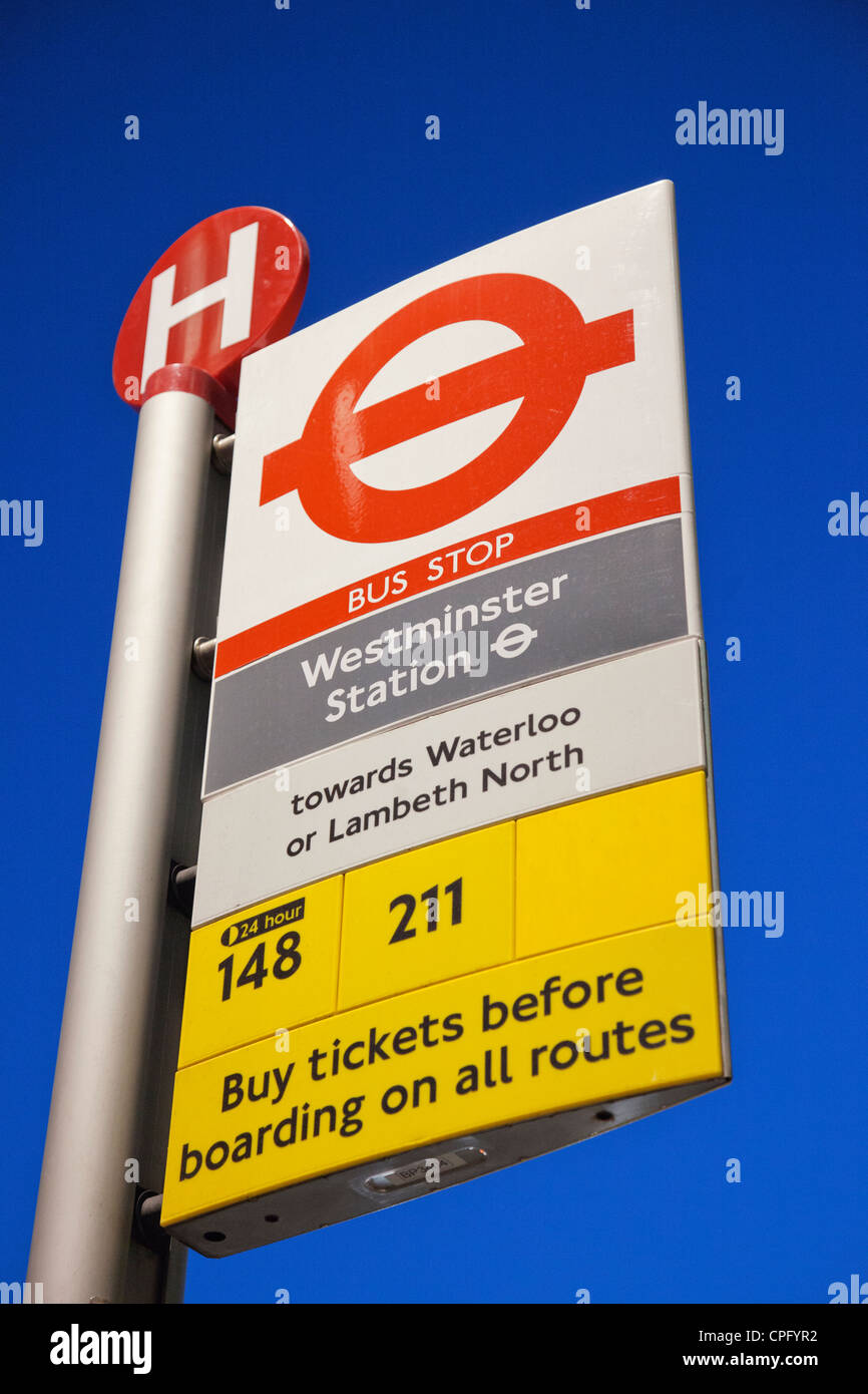 England, London, Westminster, Bus Stop Sign Stock Photo - Alamy
