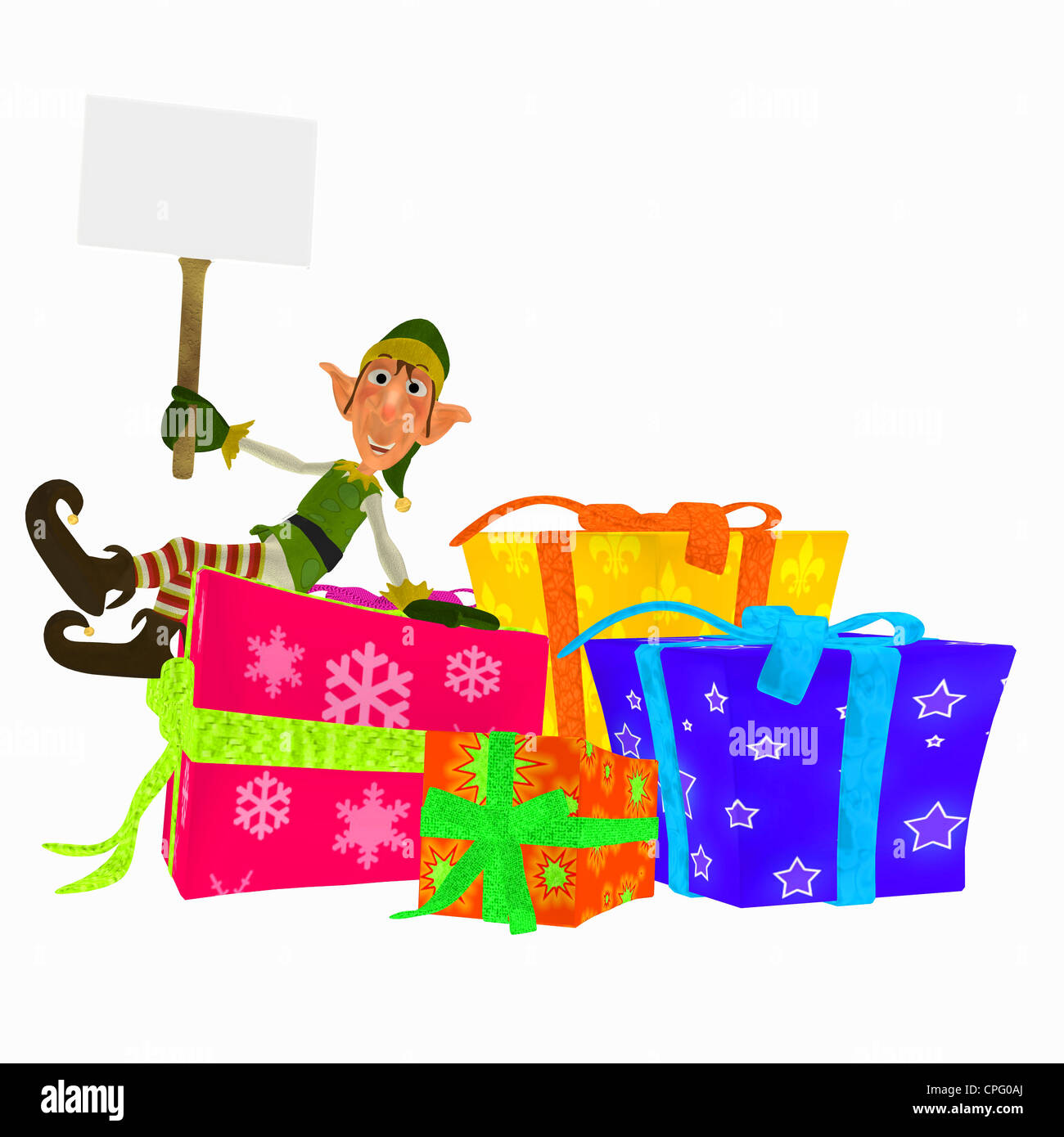 Illustration of a christmas elf sitting on presents holding a sign ...
