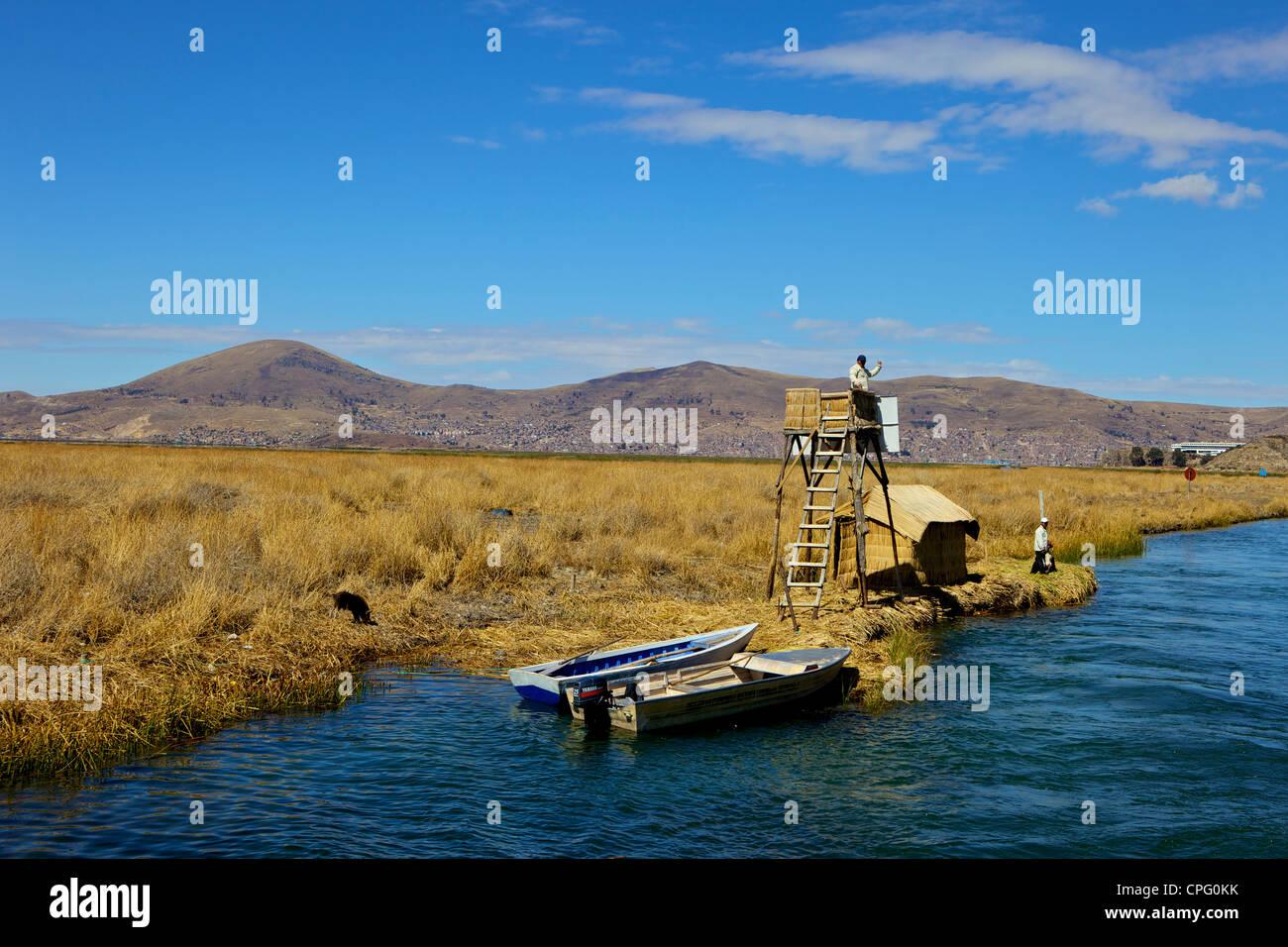 floating islands of the Uros people, traditional reed boats and reed ...
