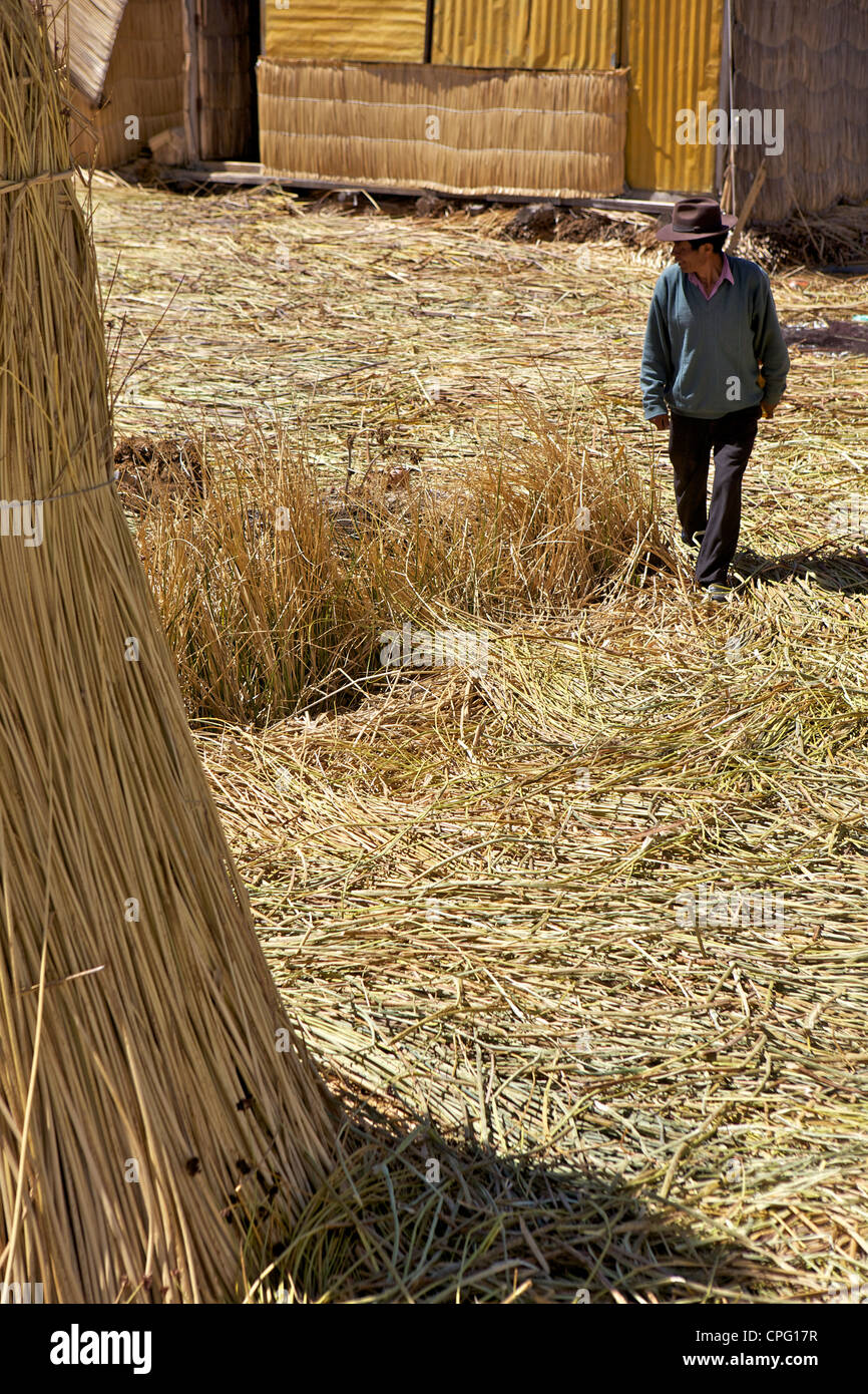 Peru, Lake Titicaca, floating islands of the Uros, traditional reed ...