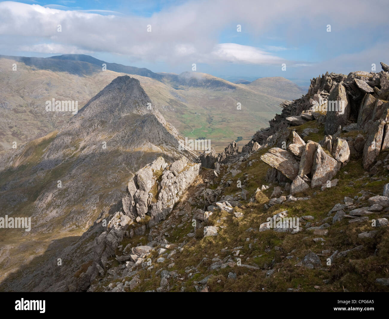 The rocky peak of Tryfan viewed from Glyder Fach in Y Glyderau ...