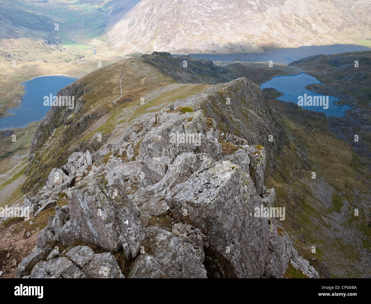 A view down the ridge of Y Gribin in Y Glyderau mountains of Snowdonia ...