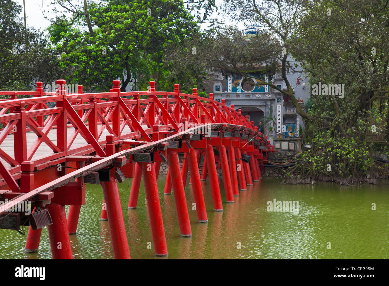 Red Chinese Bridge in Hanoi Stock Photo - Alamy