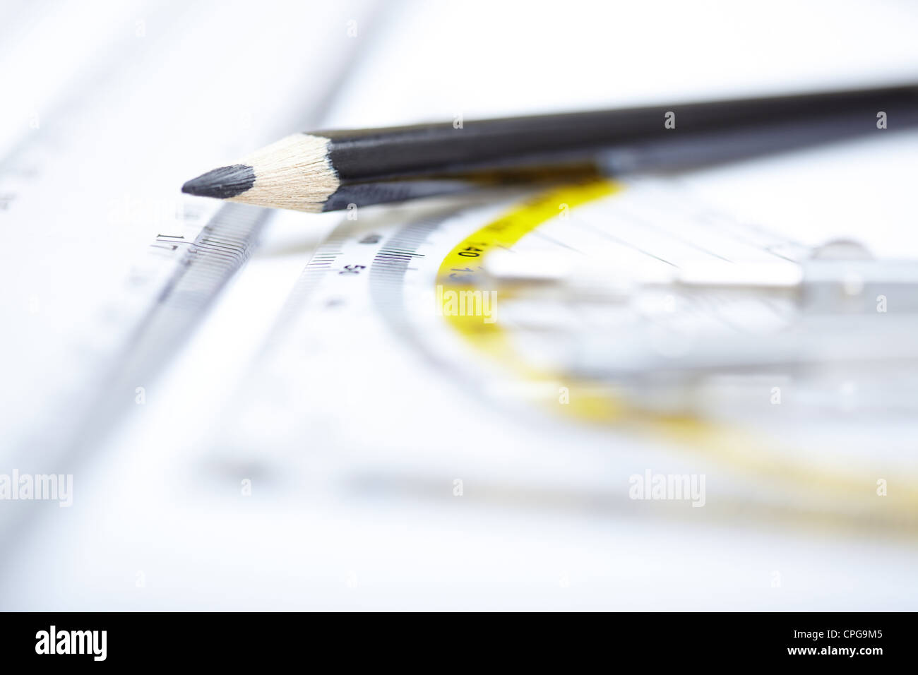 Drawing tools on a paper. Extremely close-up photo with shallow depth ...