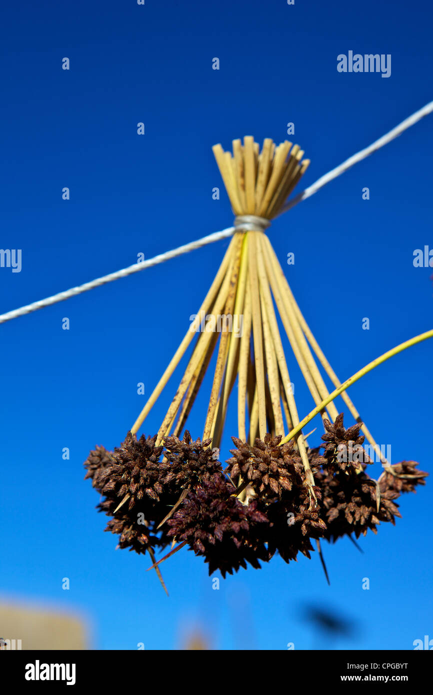 Reed decoration, Islas Flotantes, floating islands, Lake Titicaca, Peru ...