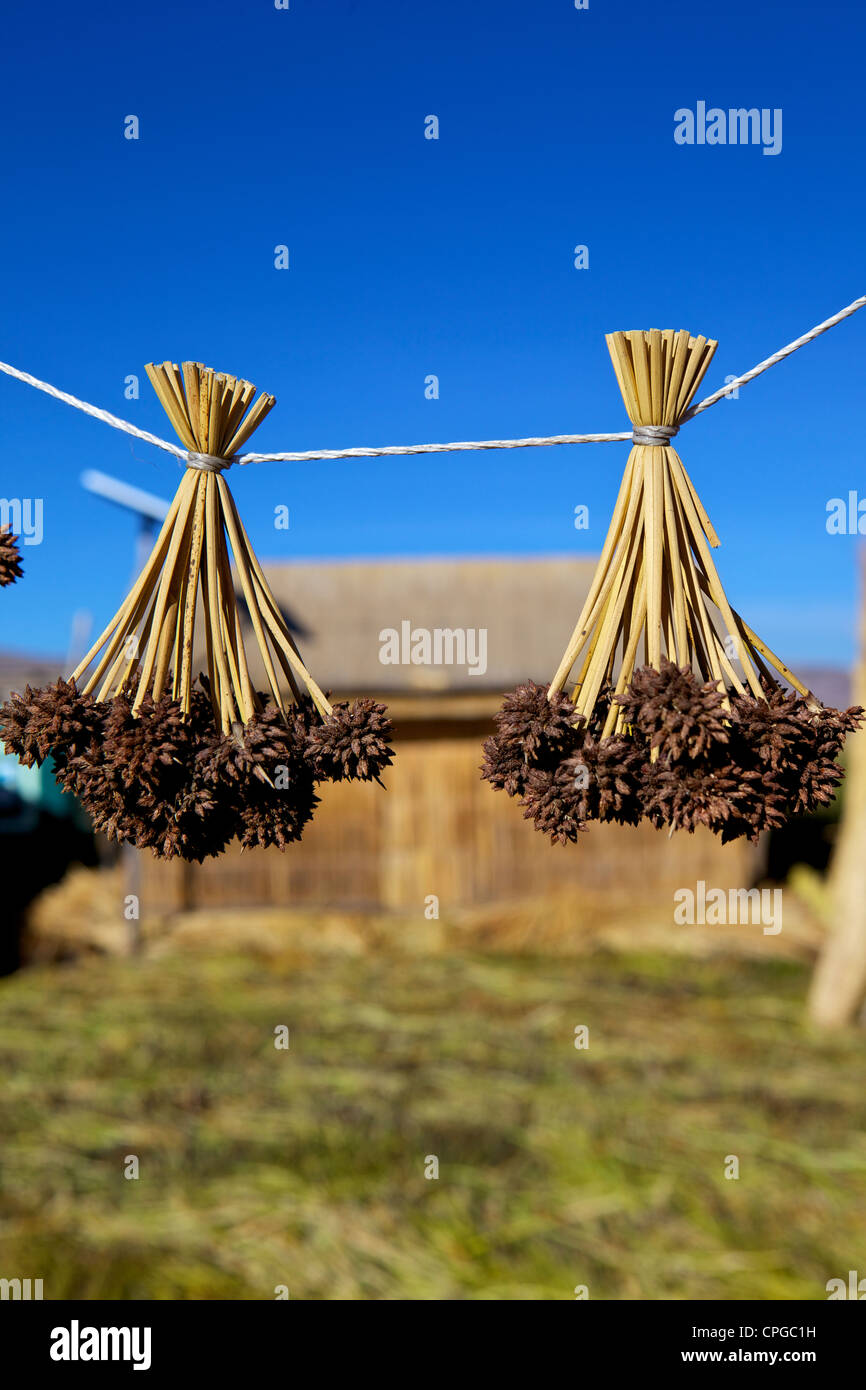 Reed decoration, Islas Flotantes, floating islands, Lake Titicaca, Peru ...