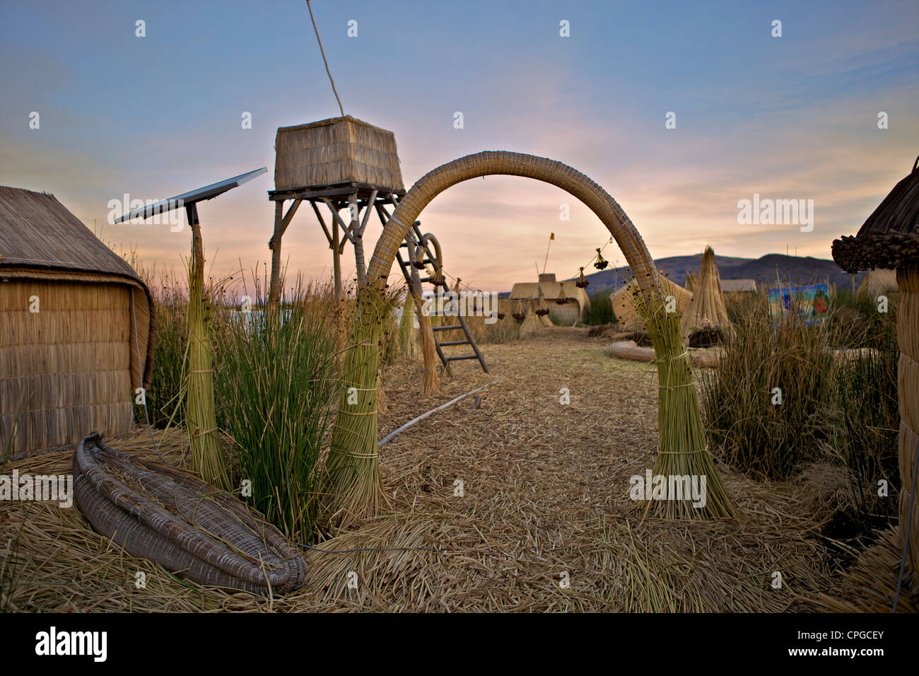 Floating islands of the Uros people, traditional reed boats and reed ...