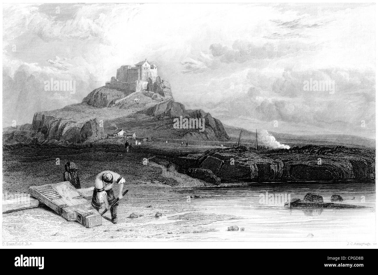 An engraving entitled " Roque de Guet, Cobo Bay, Guernsey" (la ...
