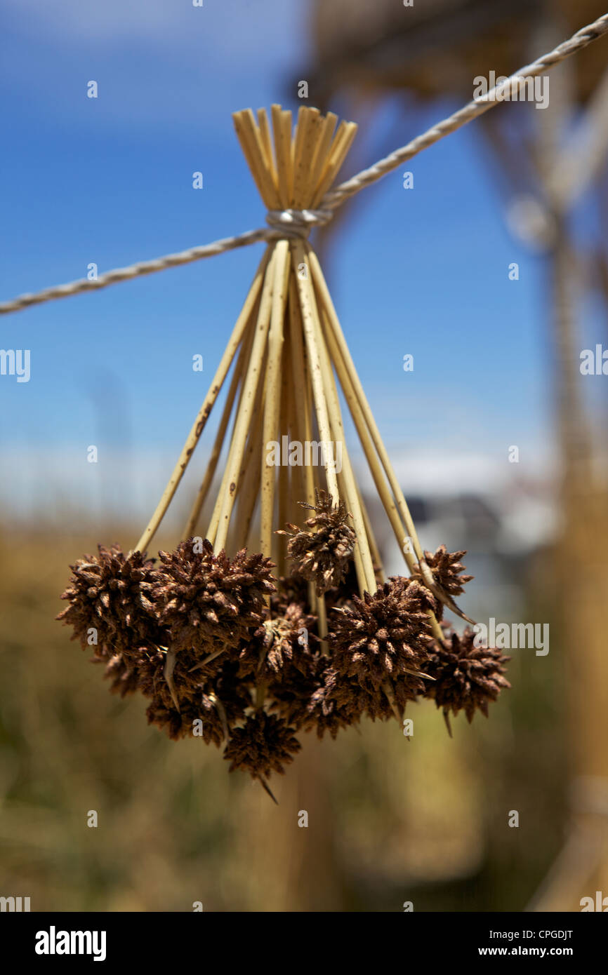 Reed decoration, Islas Flotantes, floating islands, Lake Titicaca, Peru ...