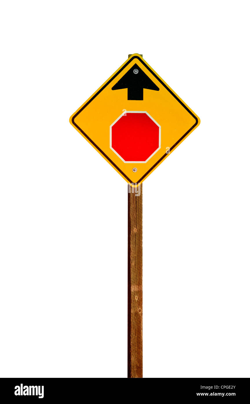 Warning sign for an upcoming stop sign. Isolated on a white background ...