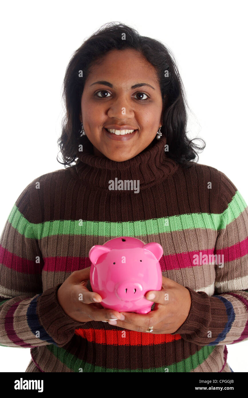 Young woman holding bank on a white background Stock Photo - Alamy