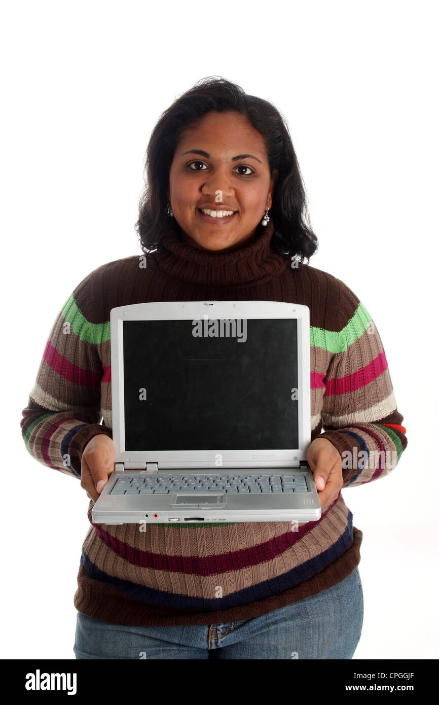 Woman with a computer on a white background Stock Photo - Alamy