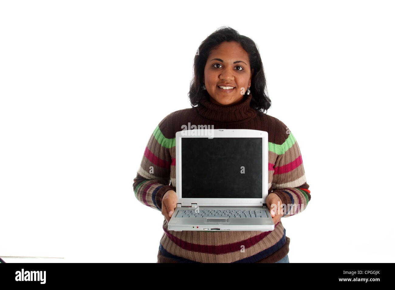 Woman with a computer on a white background Stock Photo - Alamy