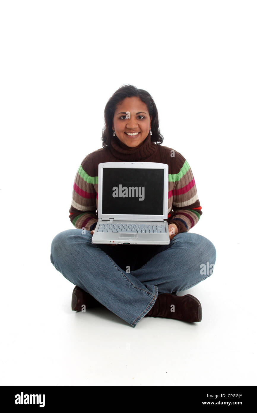 Happy black woman computer on Cut Out Stock Images & Pictures - Alamy