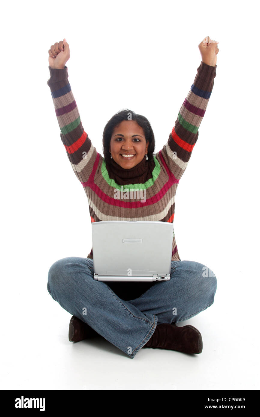 Woman with a computer on a white background Stock Photo - Alamy