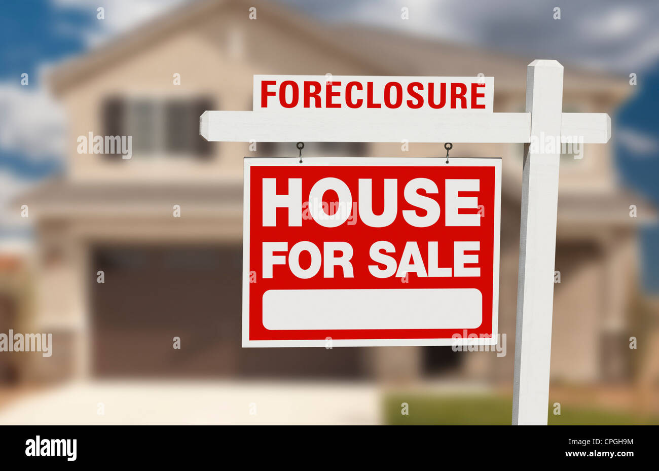 Foreclosure House For Sale Sign in Front of Beautiful Home Stock Photo ...