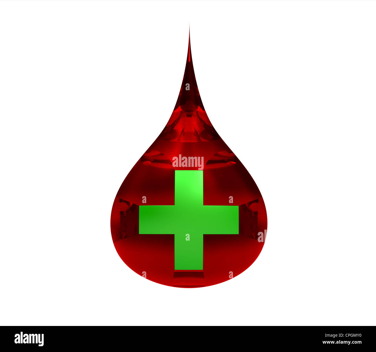 Blood drop with green cross isolated on white 3d render Stock Photo - Alamy