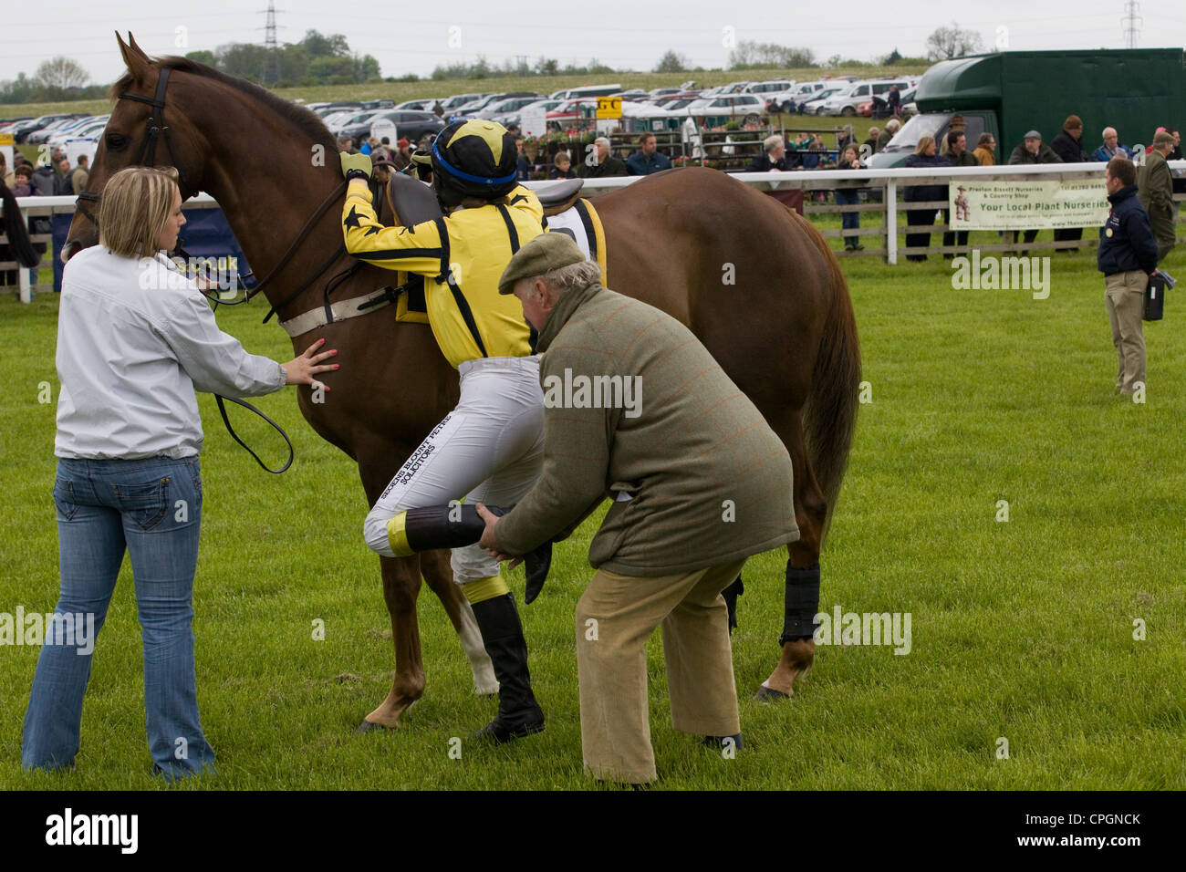 Jockey getting a leg up before a steeplechase Stock Photo - Alamy