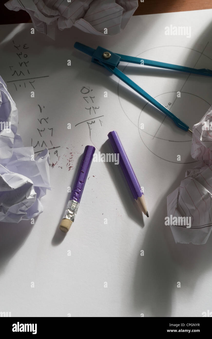 Pencils and compass on paper,close-up,elevated view Stock Photo - Alamy