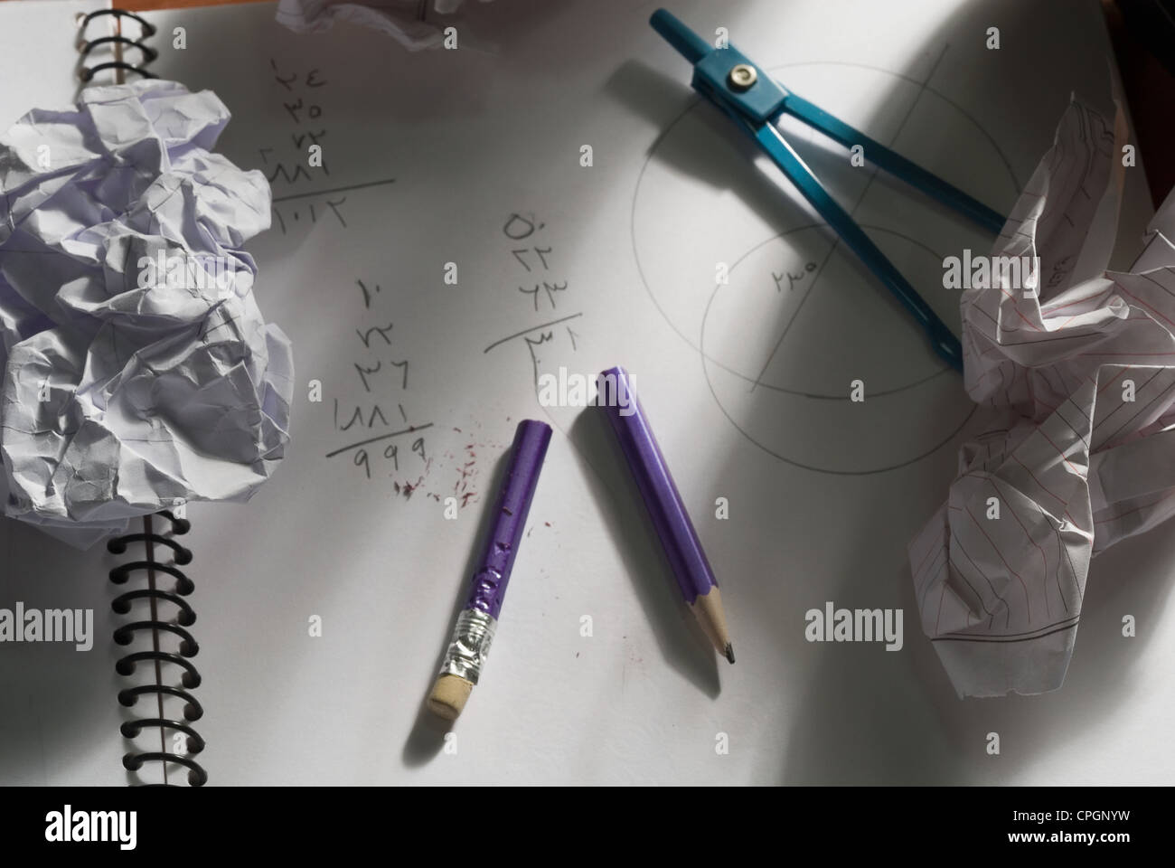 Pencils and compass on paper,close-up,elevated view Stock Photo - Alamy
