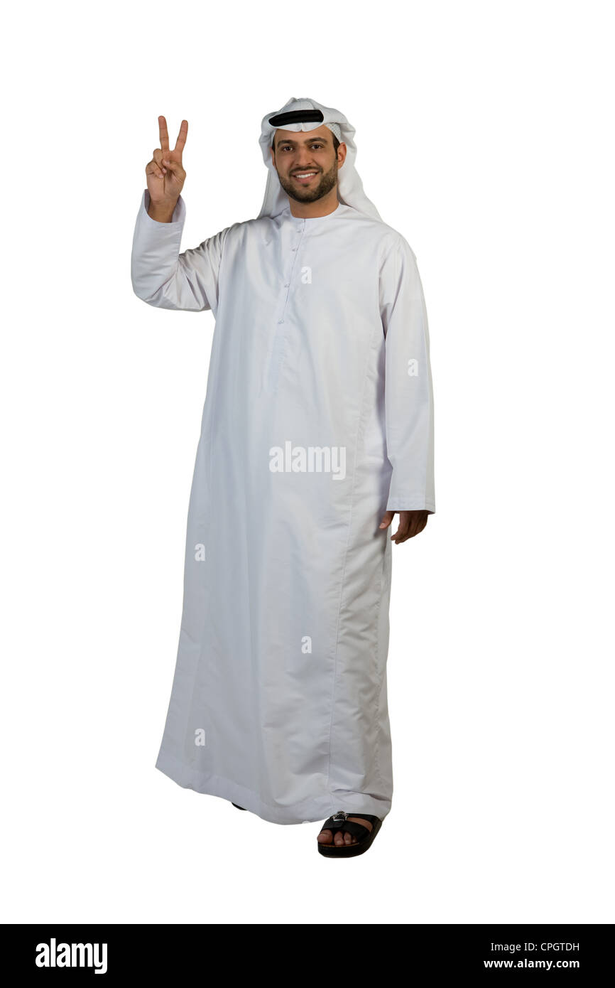 Arab man giving peace sign Stock Photo - Alamy