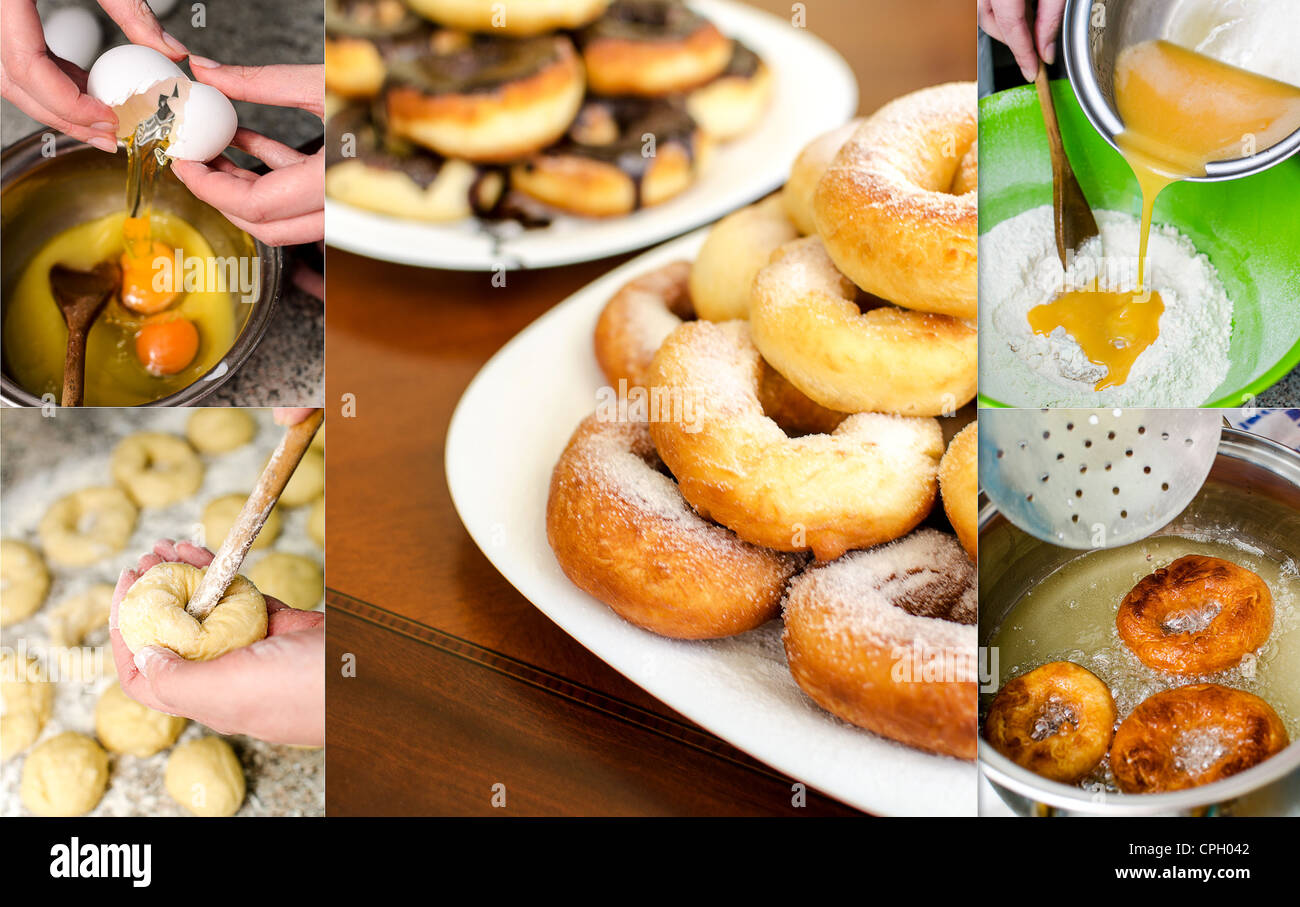Donuts making collage. Six photos Stock Photo - Alamy