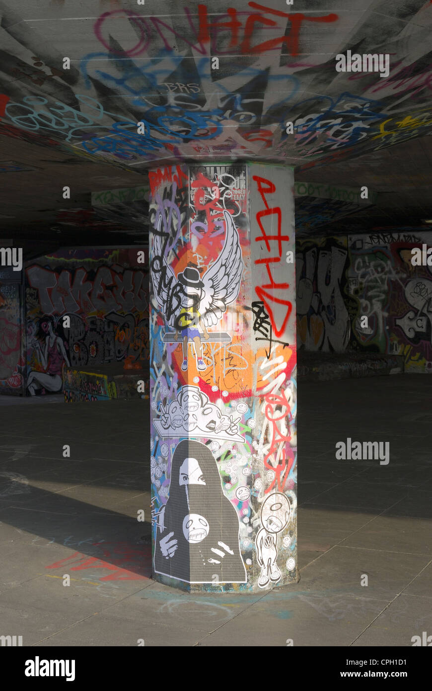 Graffiti on concrete pillar, walls and ceiling of walkway at the South ...