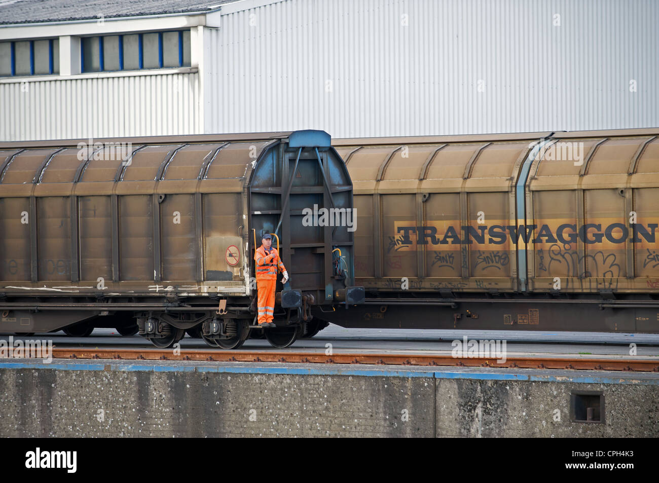Cargo train reversing assistant know as a Banksman, Dusseldorf harbour ...