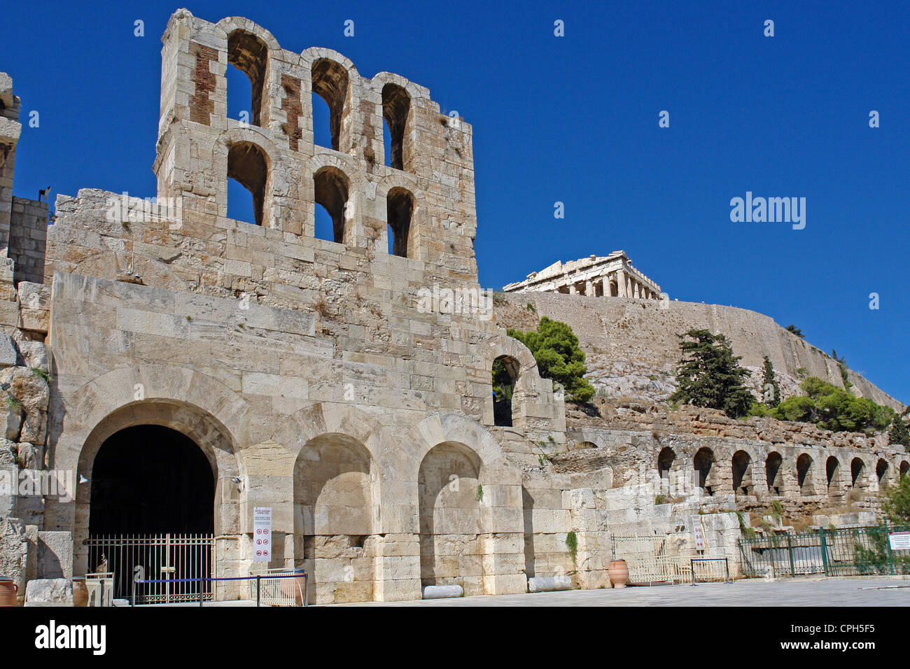 Europe, Greece, Attica, Athens, Acropolis, Odeum, Herodes Attikos, arc ...