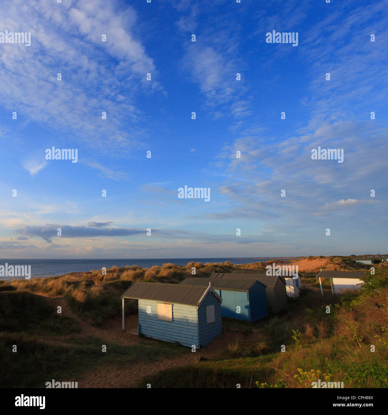 Beach huts in the sand dunes at Old Hunstanton, Norfolk, England, UK ...