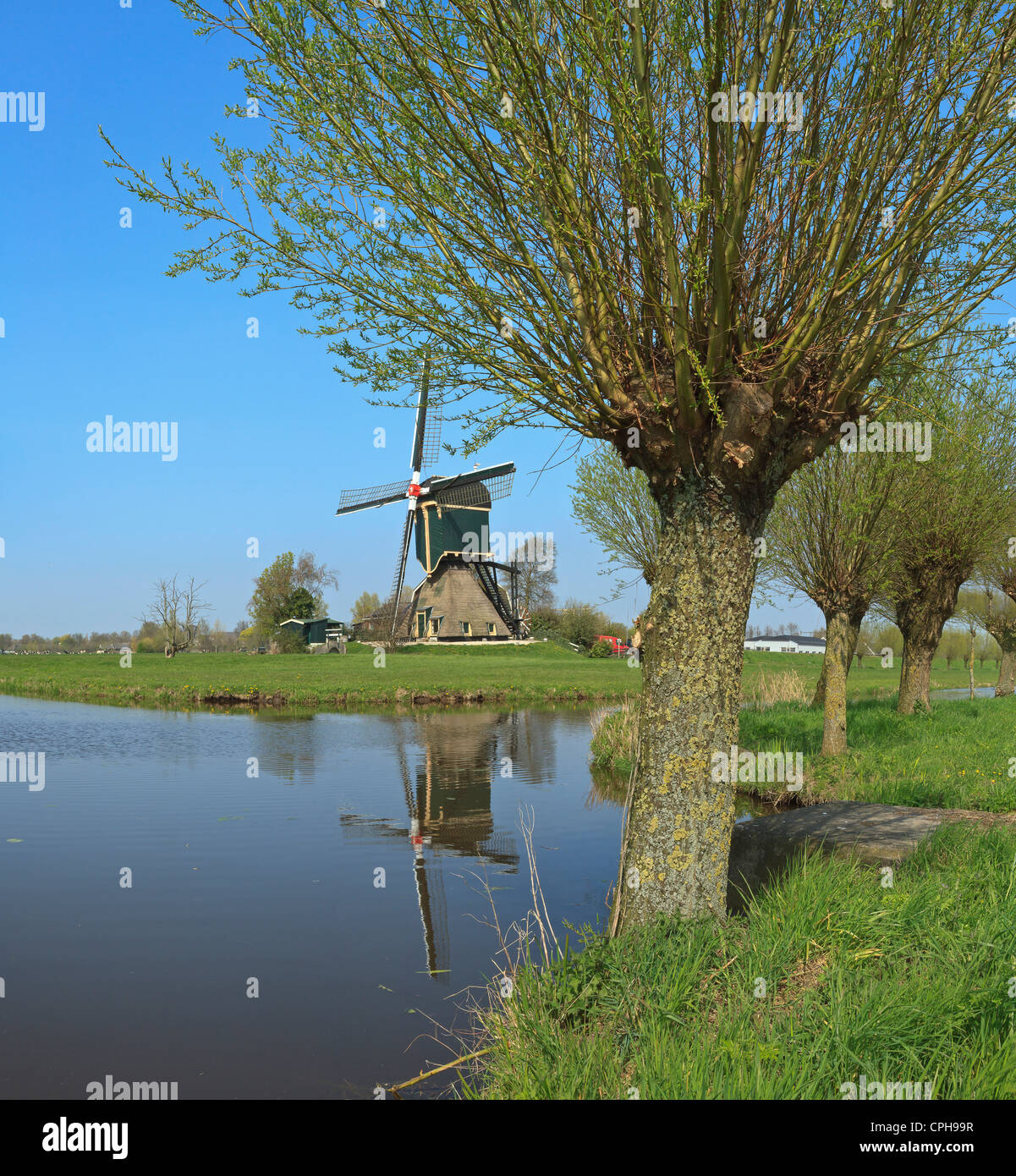 Netherlands, Holland, Europe, Kockengen, windmill, water, trees, spring ...