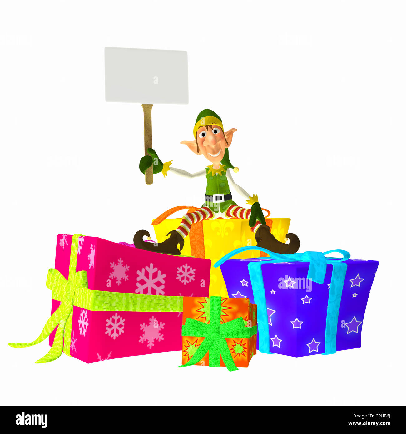 Illustration of a christmas elf sitting on presents holding a sign ...