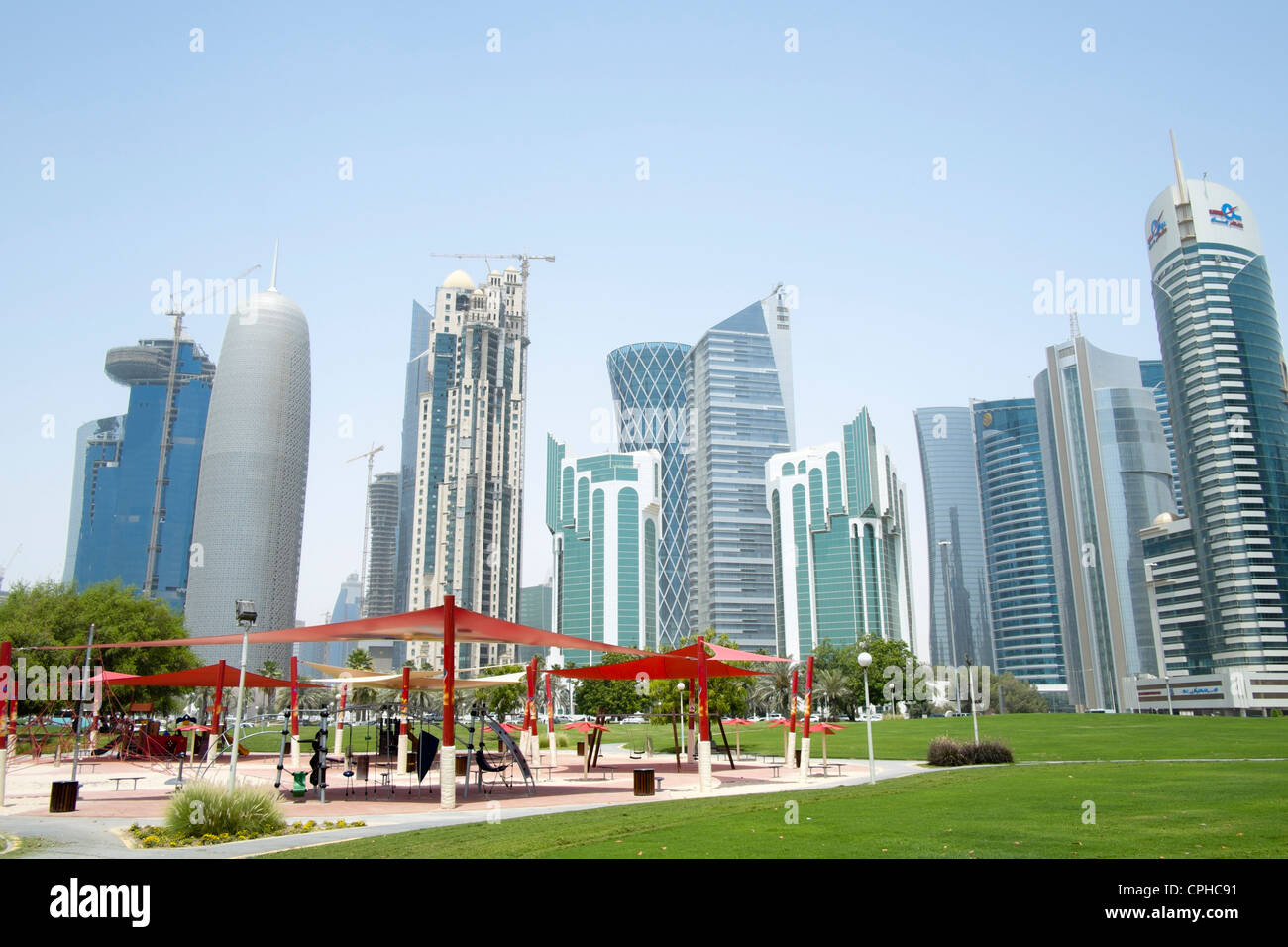 View of modern skyscrapers on The Corniche in new business district of ...