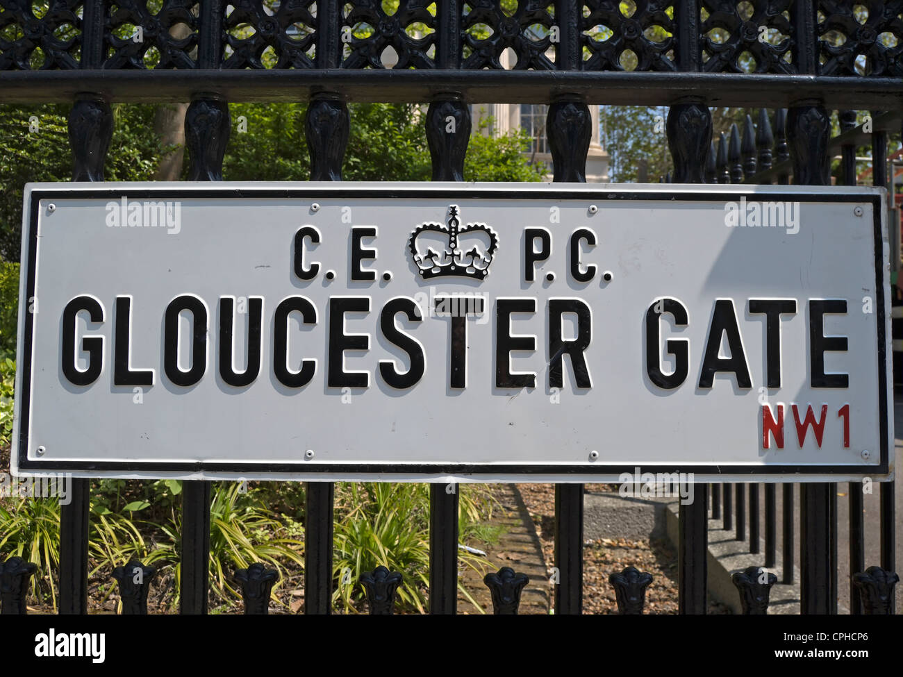 street name sign for gloucester gate, with crown estate paving ...