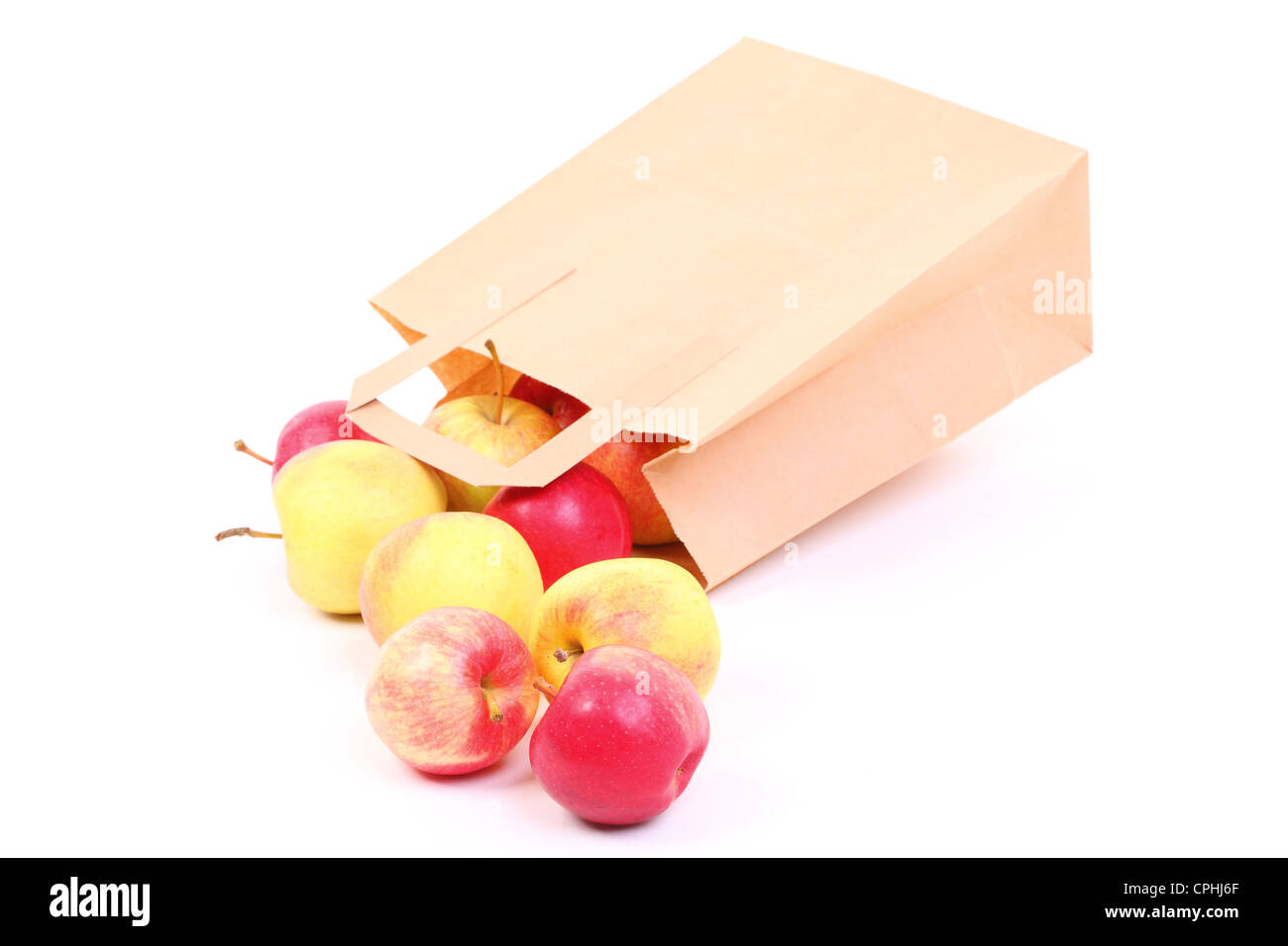 Shopping brown recycle gift bags and red apple isolated on white ...