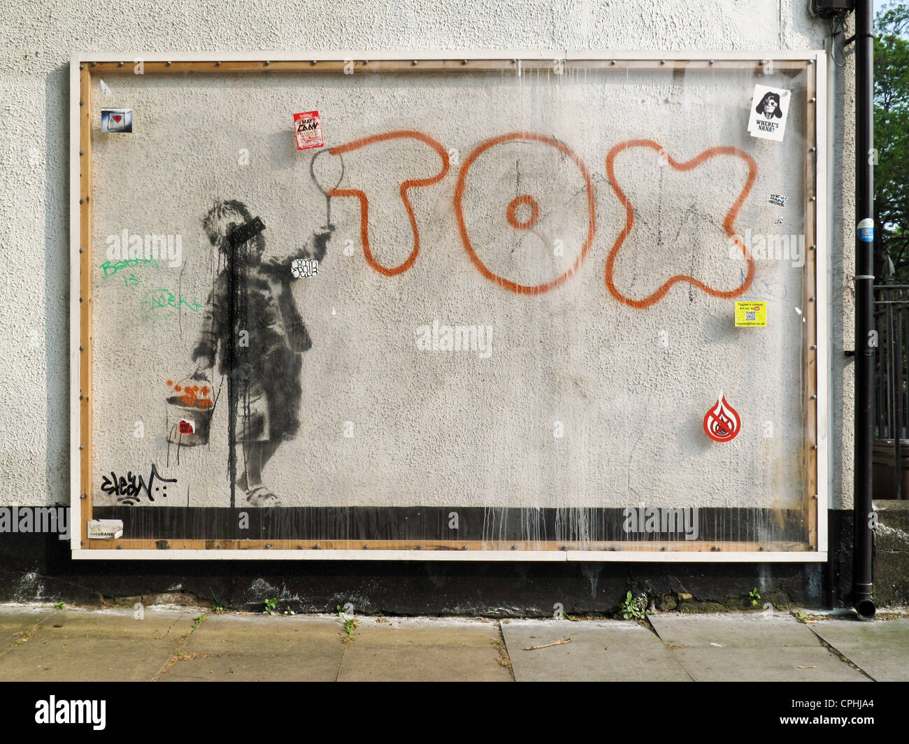 Banksy Tox graffiti covered in perspex screen. Jeffreys Street, Camden ...
