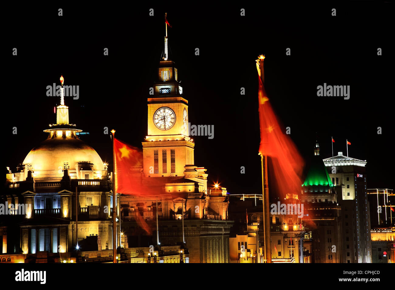 Shanghai China Bund at Night Clock Flags Stock Photo - Alamy