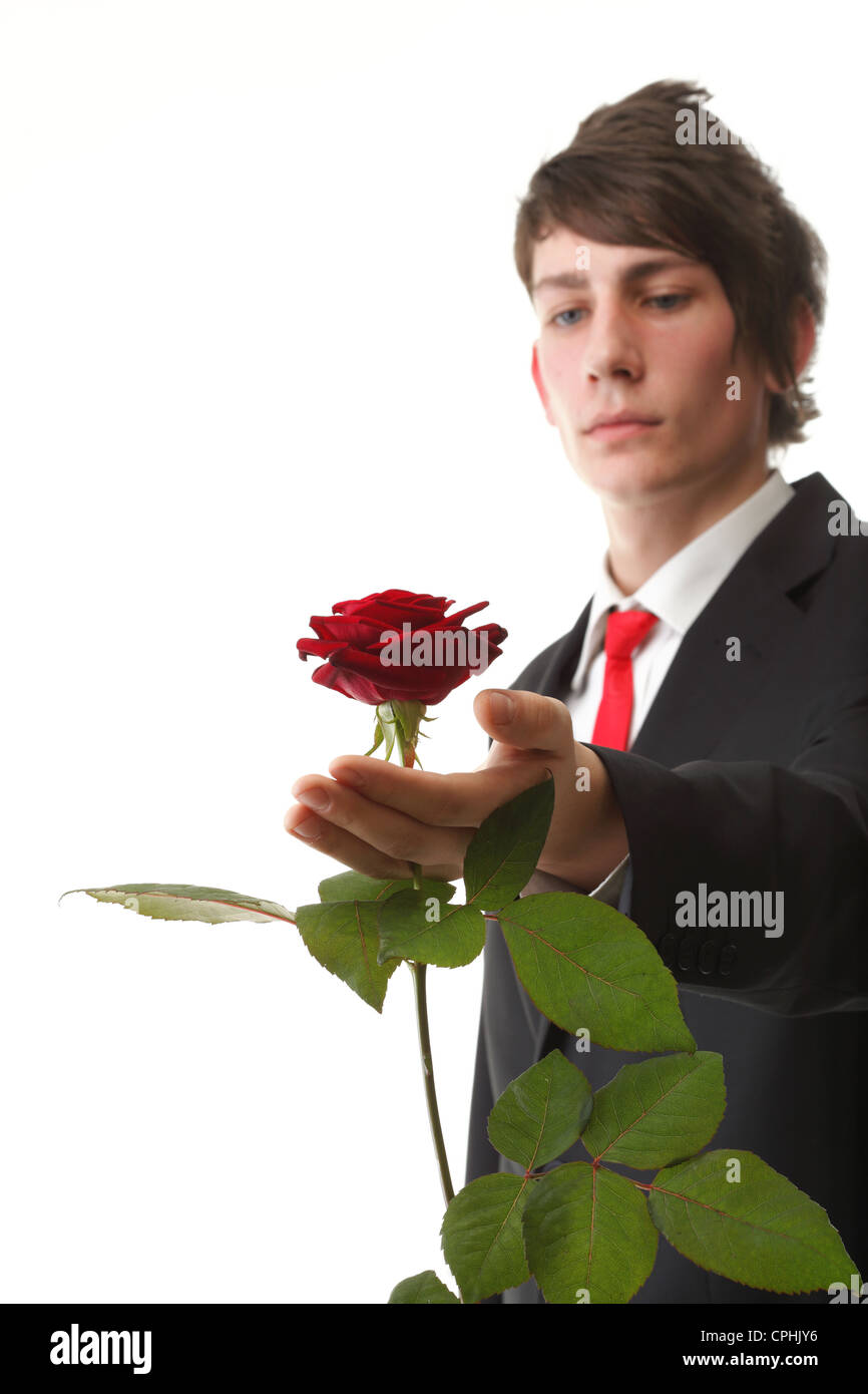 Young handsome man with flower, red rose isolated white background ...