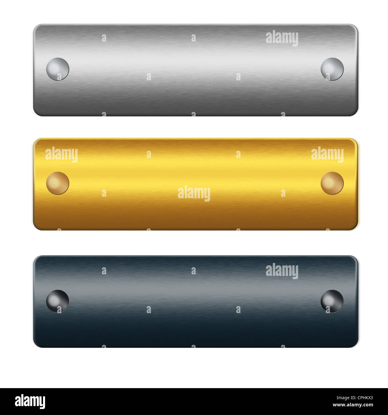 metal boards with rivets, gold, silver and blue bars of metal ready to ...
