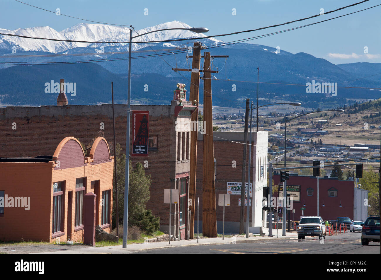 Buildings of Butte, Montana with Rocky Mountains in background Stock ...