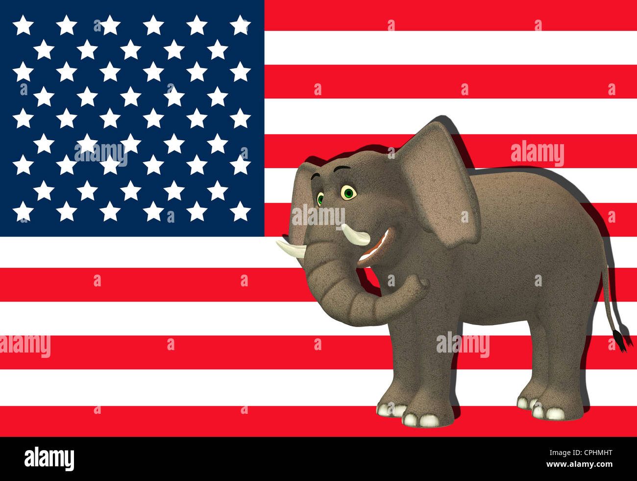 Illustration of a happy elephant in front of the flag of the united ...