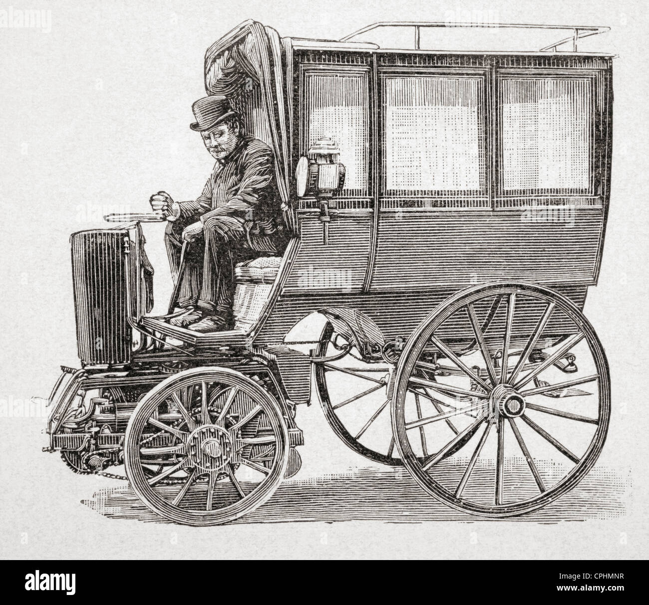 A 19th century petrol driven motor carriage designed by Victor Etienne ...