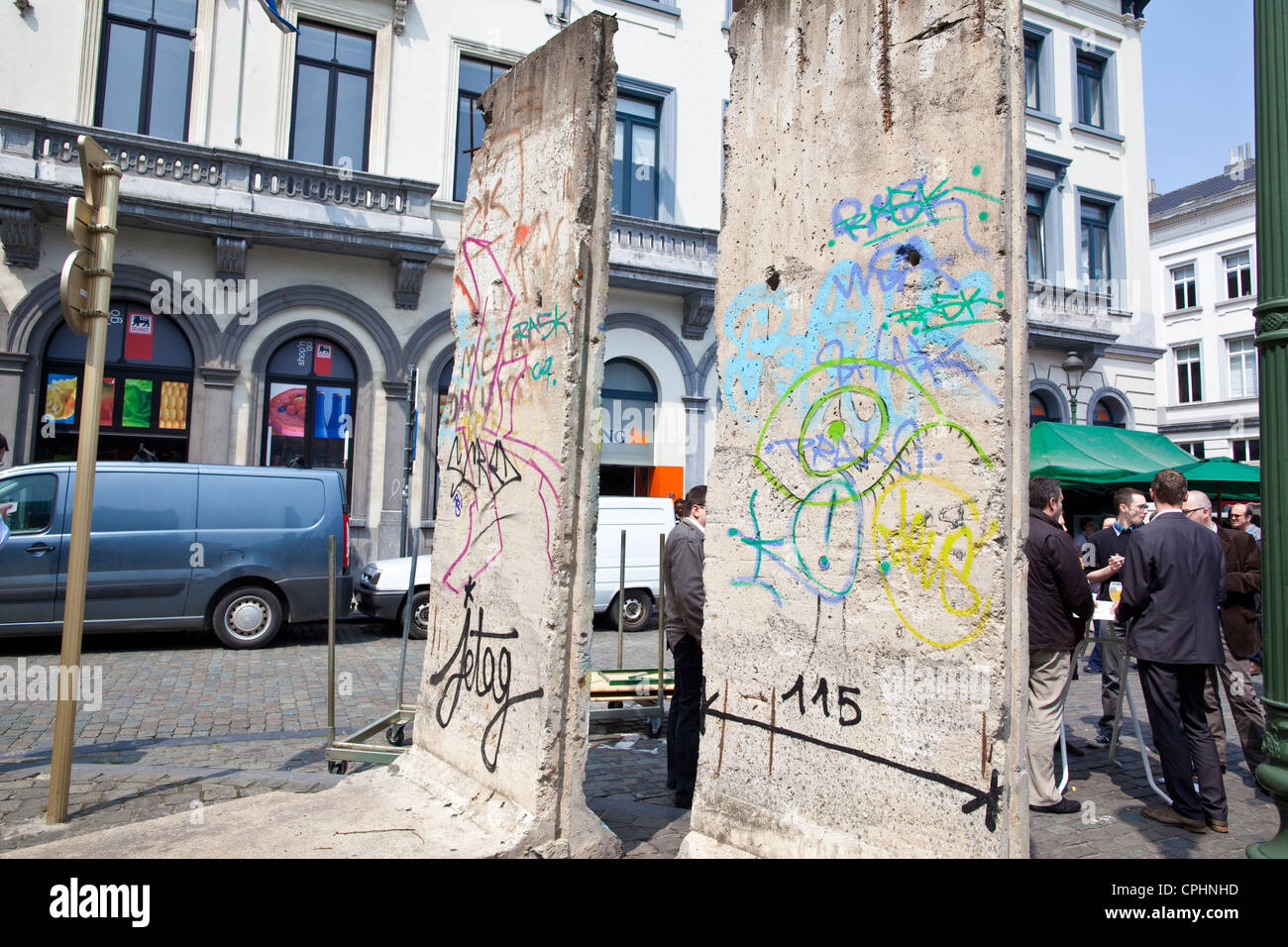 Pieces of the Berlin Wall stood in Place du Luxembourg, Brussels ...