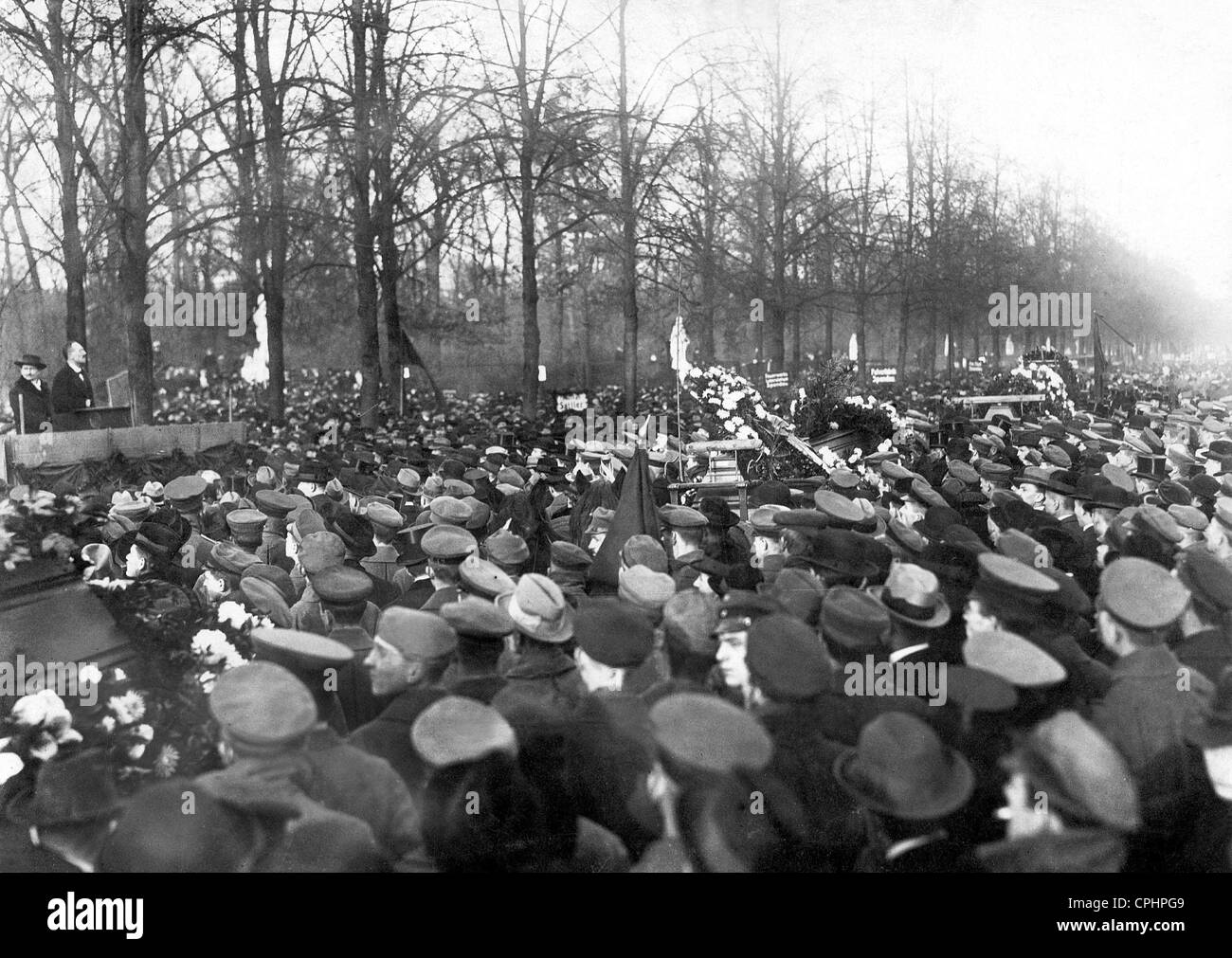 Karl Liebknecht giving a speech at the funeral for victims of the ...