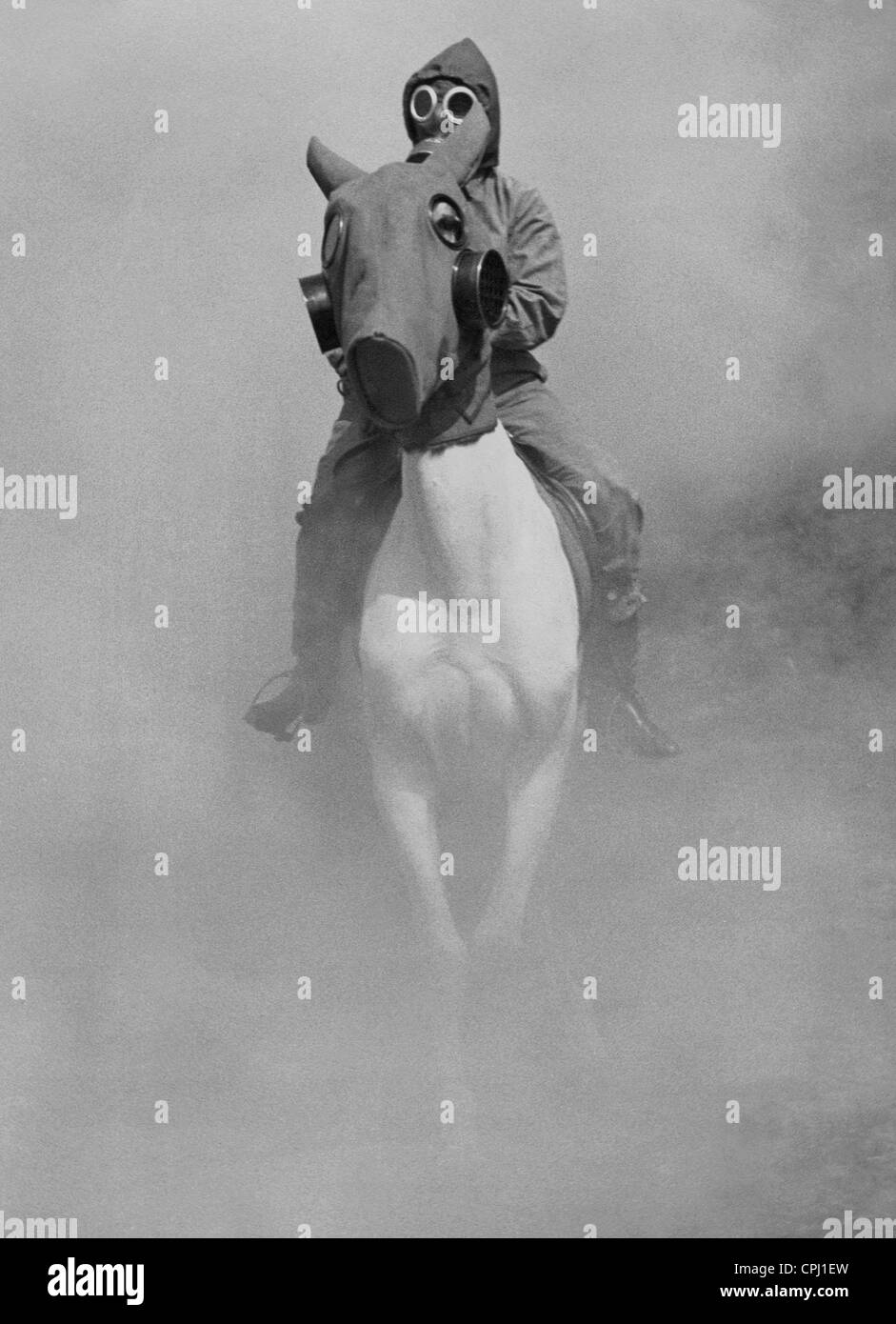 Dog and owner with a gas mask during an air raid protection exercise ...