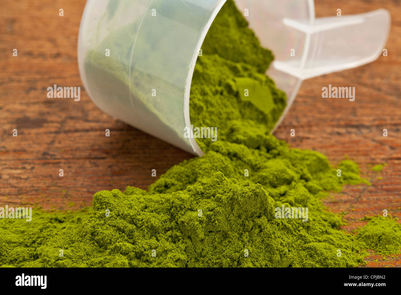 wheatgrass powder spilling of a plastic measuring scoop against grunge ...